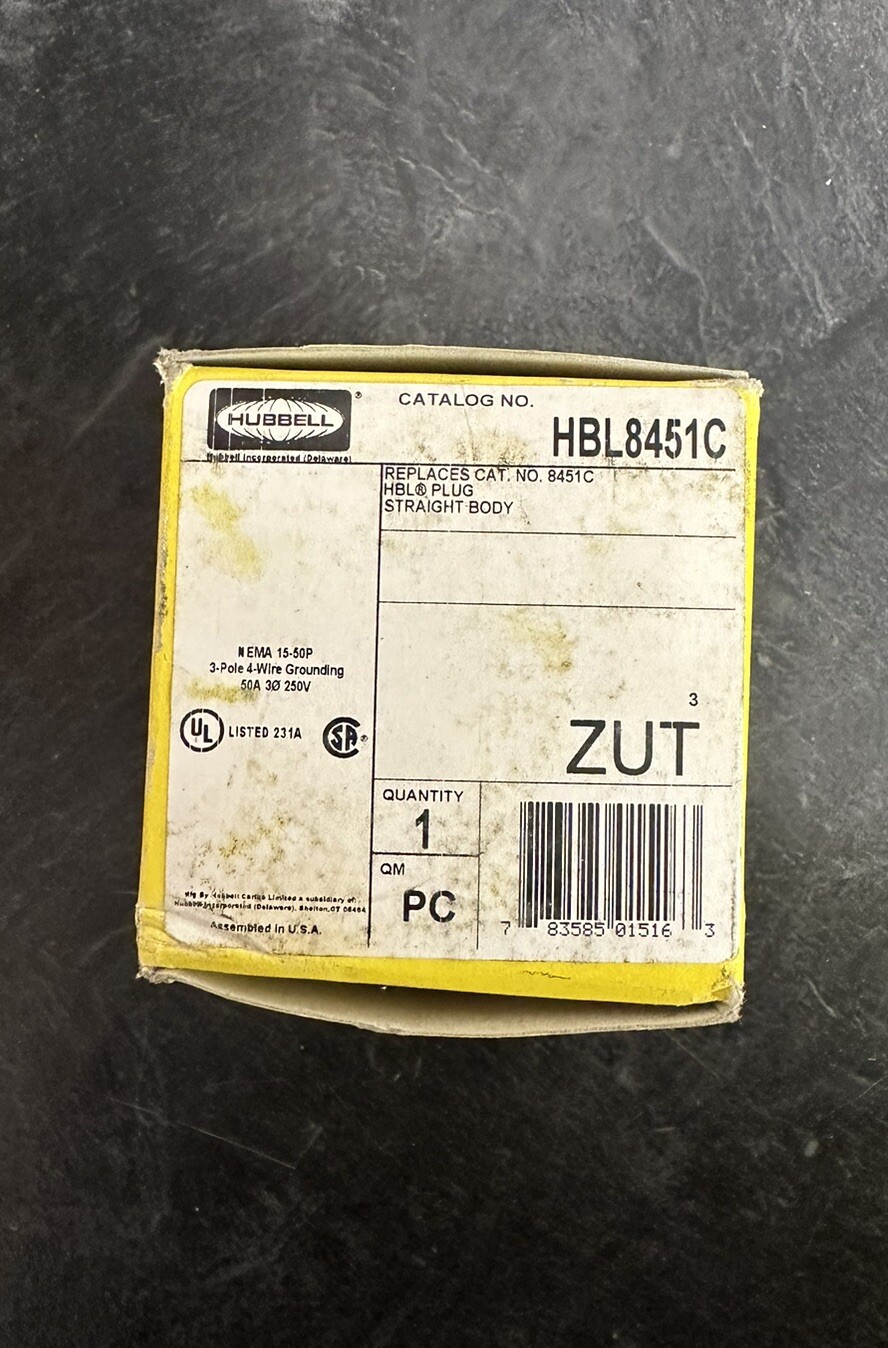 Hubbell Hbl8451c 4 Wire Industrial Straight Blade Plug 250Vac 50A | eBay