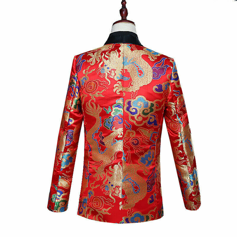 Mens Chinese Style Red Dragon Pattern Suit Blazer Wedding Jacket Stage ...