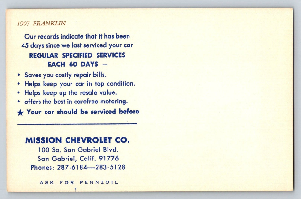 Postcard 1907 Franklin Vintage Car at Mission Chevrolet Co. San Gabriel ...