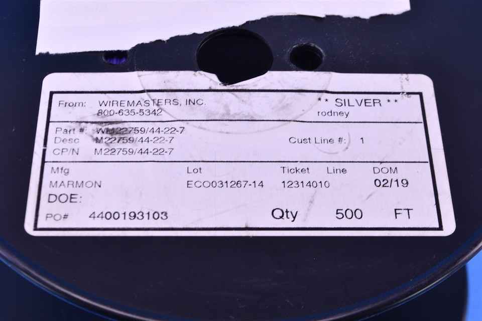 500 ft 1-Conductor 22 AWG ETFE Jacket Silver-Plated Wire @ 200*C M22759 ...