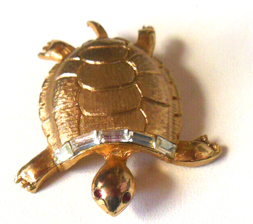 Vintage Signed PELL Gold-tone Baguette Rhinestone Turtle Brooch Red ...
