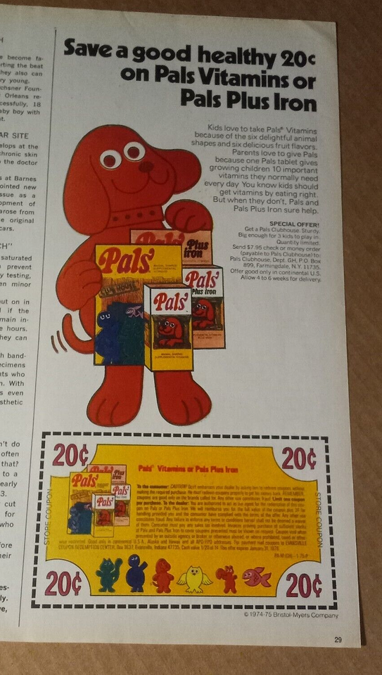 1975 vintage print ad -PALS animal vitamins Bristol-Myers old coupon ...