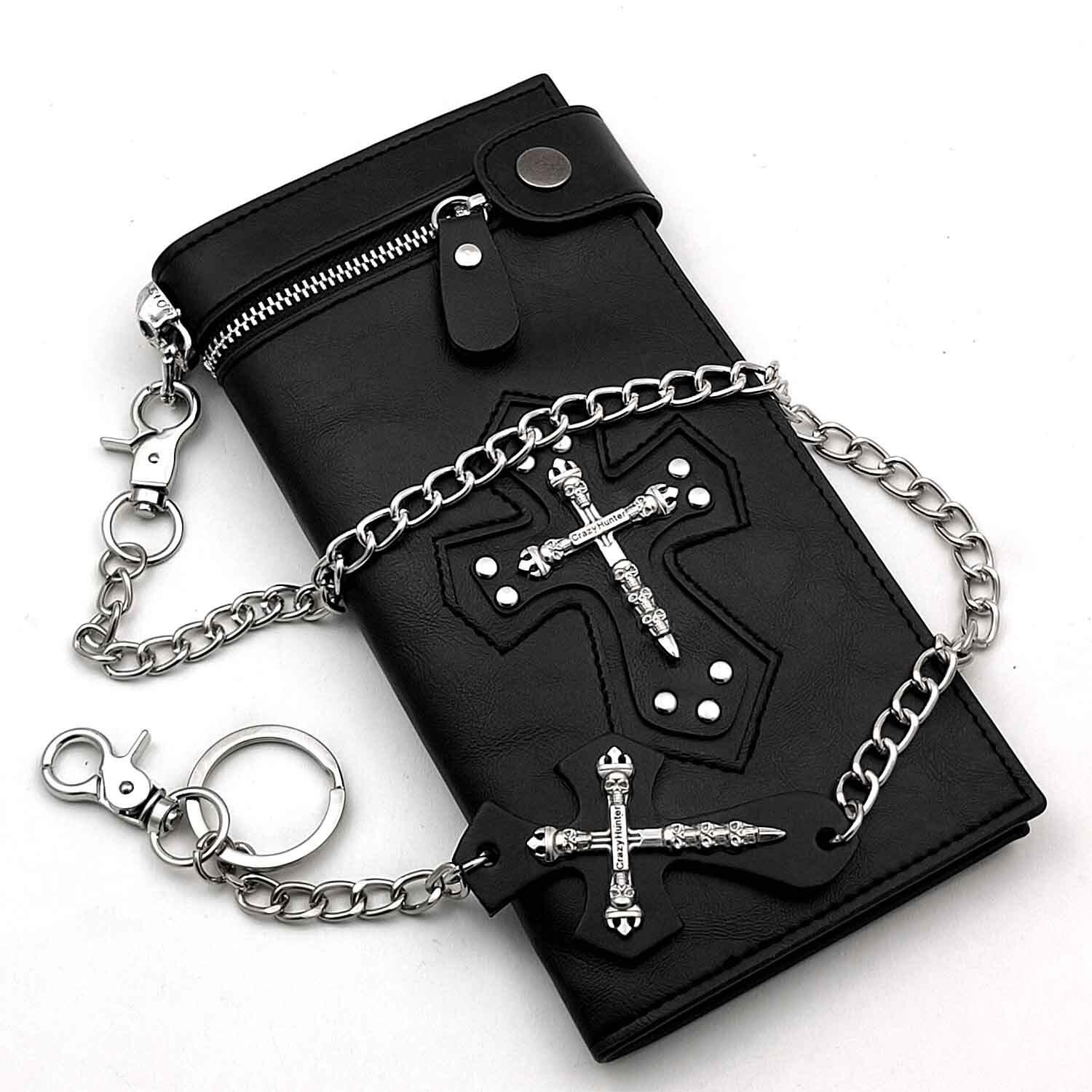 Mens Gothic Skull Cross Leather Biker Punk Wallet with a Metal Long ...