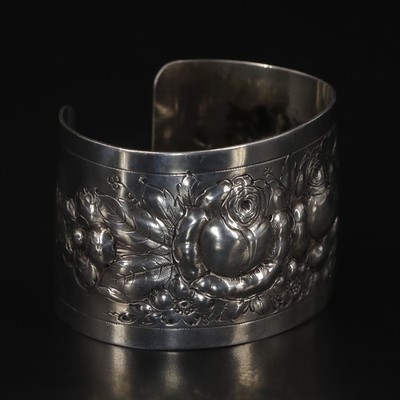 VTG Sterling Silver ART DECO Rose Flower & Leaf Repousse 7" Cuff ...