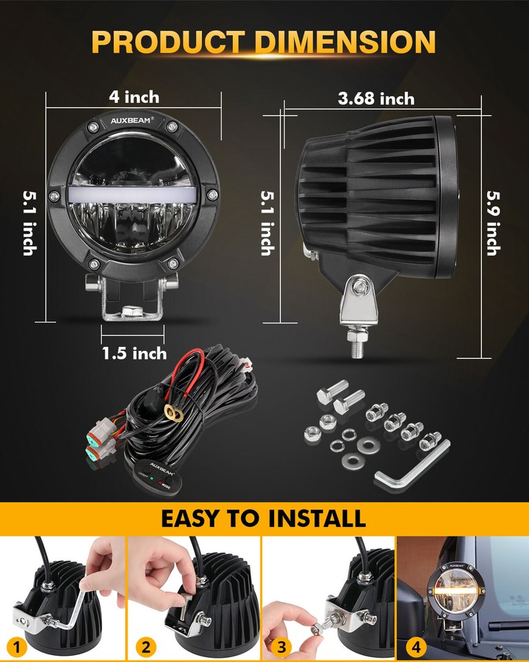 2pcs AUXBEAM 4" Round LED Fog Amber Lights Spot Bumper Driving Pods Bar ...