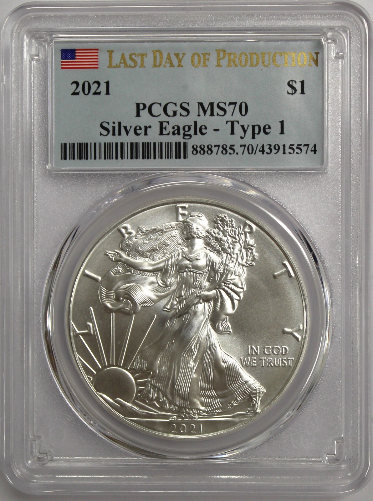 2021 $1 Silver Eagle Type 1 PCGS MS70 Last Day of Production Flag Label ...