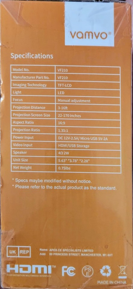 NEW VAMVO VF210 Mini Portable Projector 1920x1080 Large Screen ...