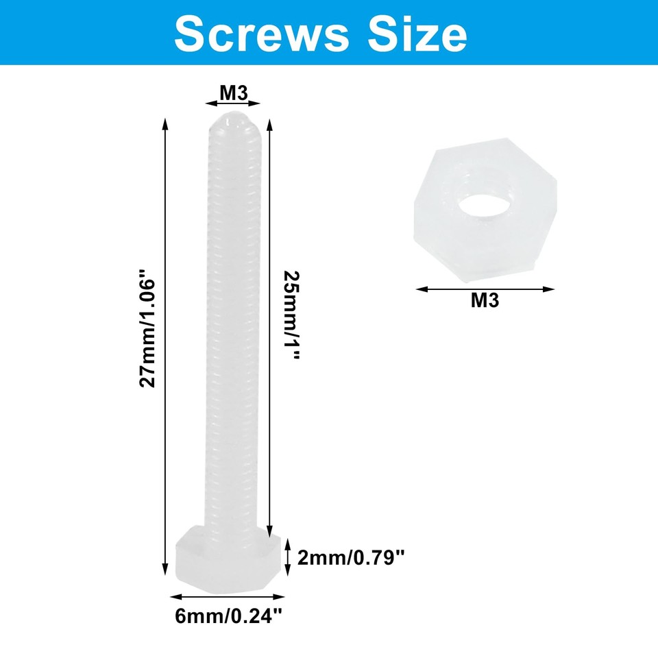 White Nylon Hex Bolts Plastic Hex Nuts M3x25mm Full Thread Screws 20 ...
