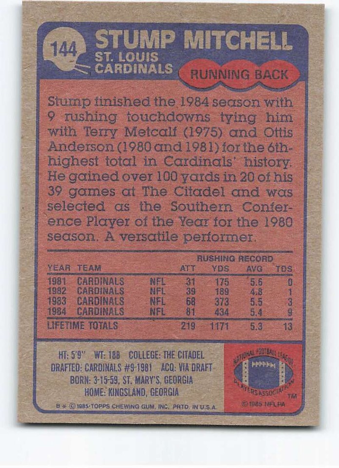 1985 Topps #144 Stump Mitchell EX Excellent Cardinals ID:112284 | eBay
