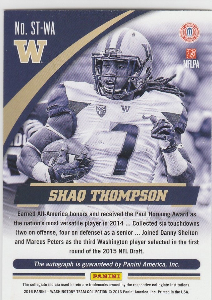 SHAQ THOMPSON 2016 WASHINGTON PANINI COLLEGIATE AUTOGRAPH SILVER SERIAL ...