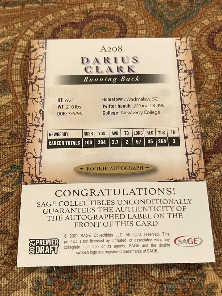 2021 SAGE Premier Draft Darius Clark ROOKIE AUTOGRAPH #A208 Panthers | eBay