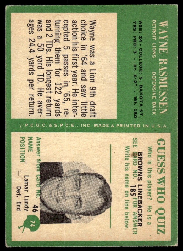 1966 Philadelphia Wayne Rasmussen #74 | eBay