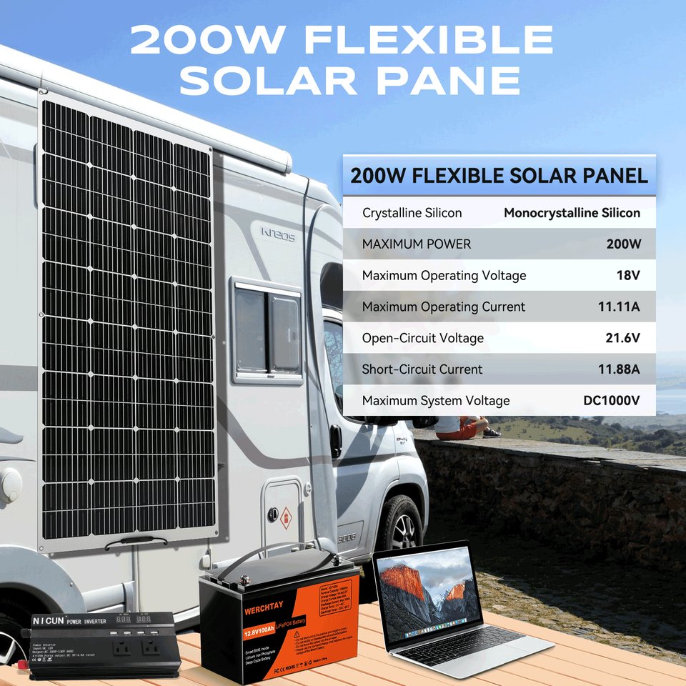 200W Flexible Mono Solar Panel 12V Power Portable Camping Home RV ...