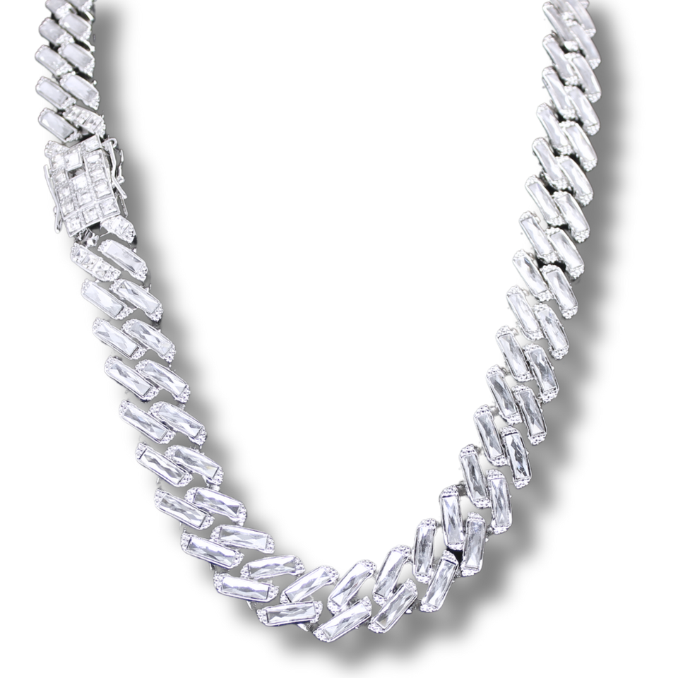 Mens 16mm Iced Baguette CZ Chain Square Cuban Curb Link Silver Plated ...