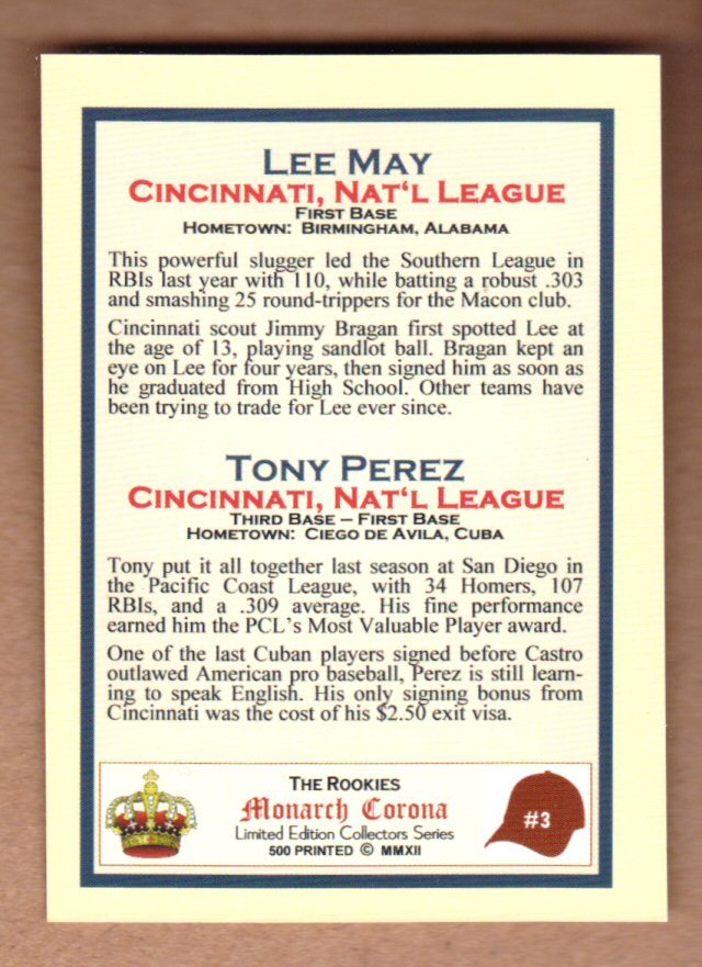 LEE MAY/TONY PEREZ '65 CINCINNATI REDS THE ROOKIES SERIES #3 / NM+ COND ...