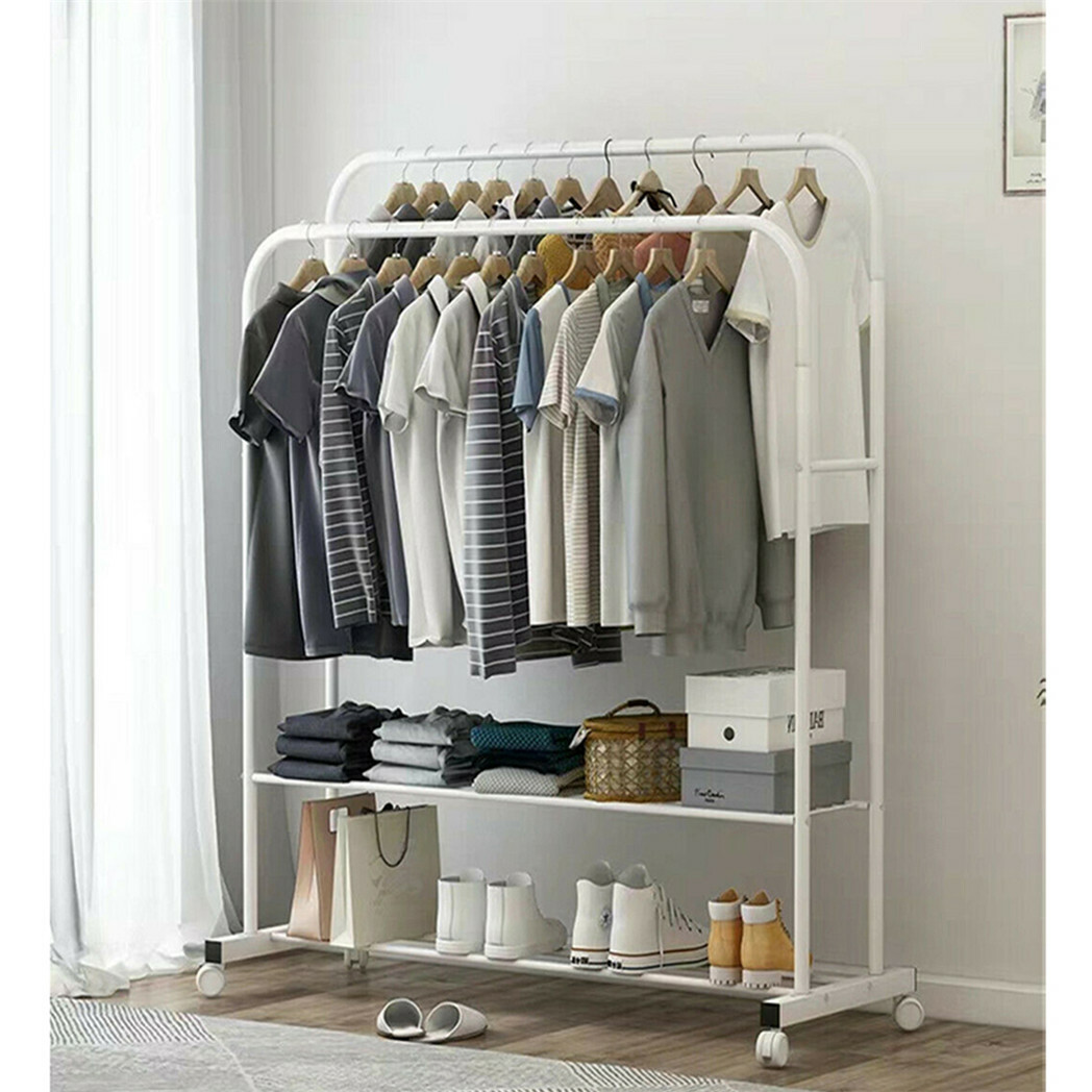 White Elegant Garment Dual Clothes Rack Rail Rolling Hanging Shelf ...