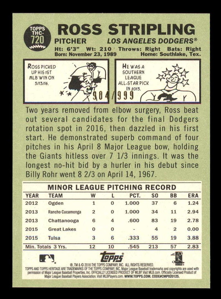 2016 Topps Heritage High Chrome Parallel 1:22 #720 Ross Stripling ...