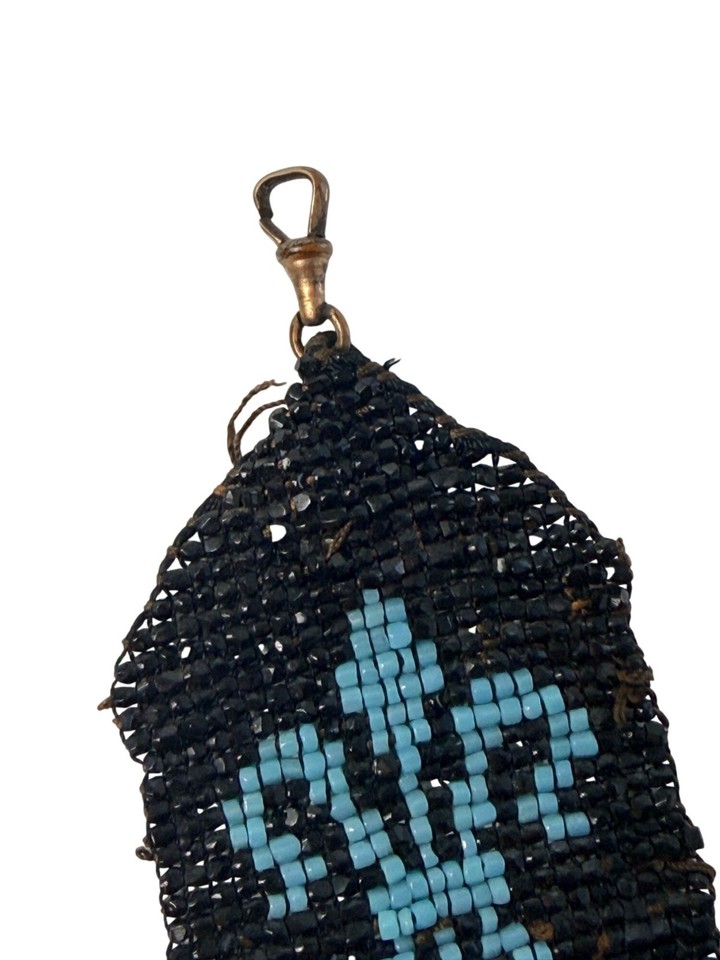 Victorian Seed Bead Watch Fob Fleur De Lis 6" Black Blue Design Antique ...