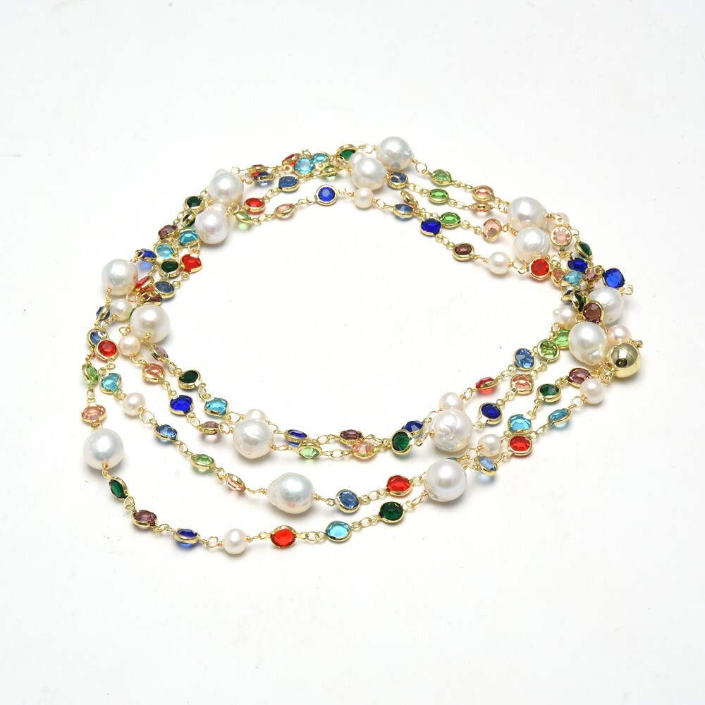 Freshwter White Round Keshi Pearl Cubic Zirconia Micro Chain Long ...