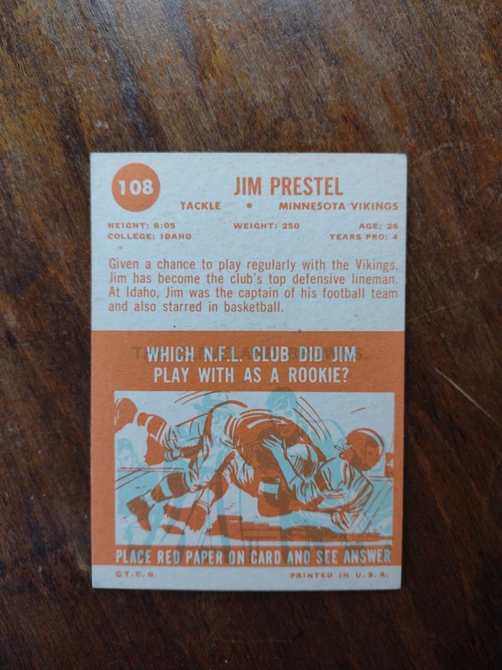 1963 Topps #108 Jim Prestel Rookie Minnesota Vikings No Creases EX | eBay