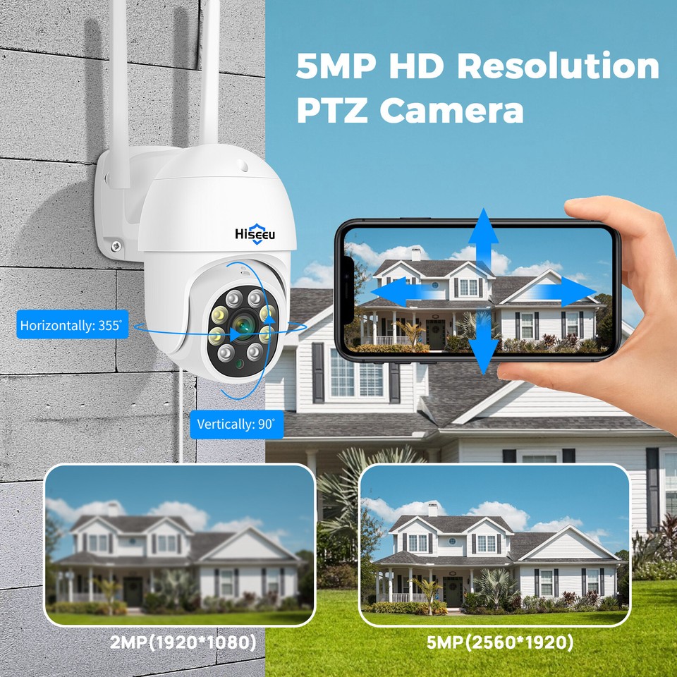 Hiseeu 5MP Dome PTZ Security Camera Outdoor WiFi 360 Rotate 2-Way Audio ...