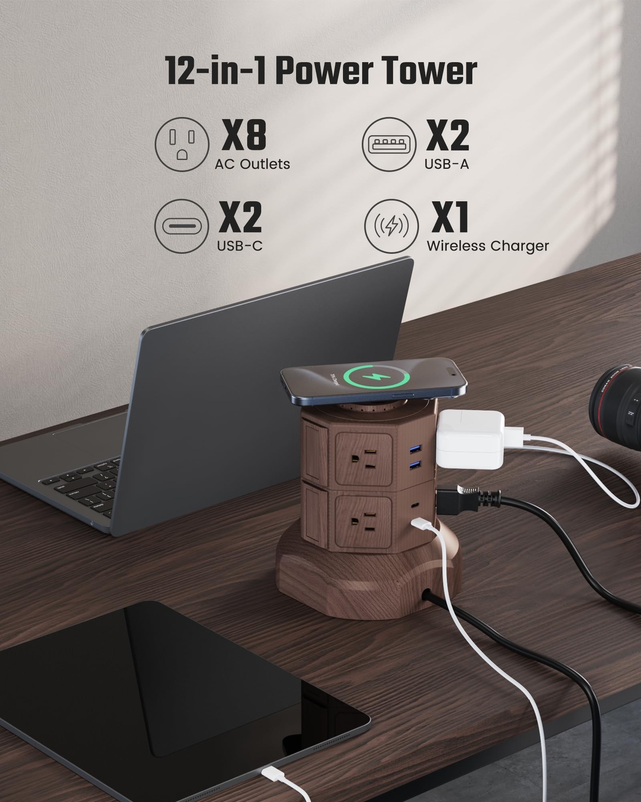 SUPERDANNY Power Strip Surge Protector Tower with 15W Wireless Charger ...