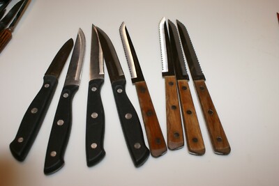 4 VINTAGE FORGECRAFT KNIVES SERRATED EDGE WOOD HANDLE,+4 FARBERWARE(3 ...