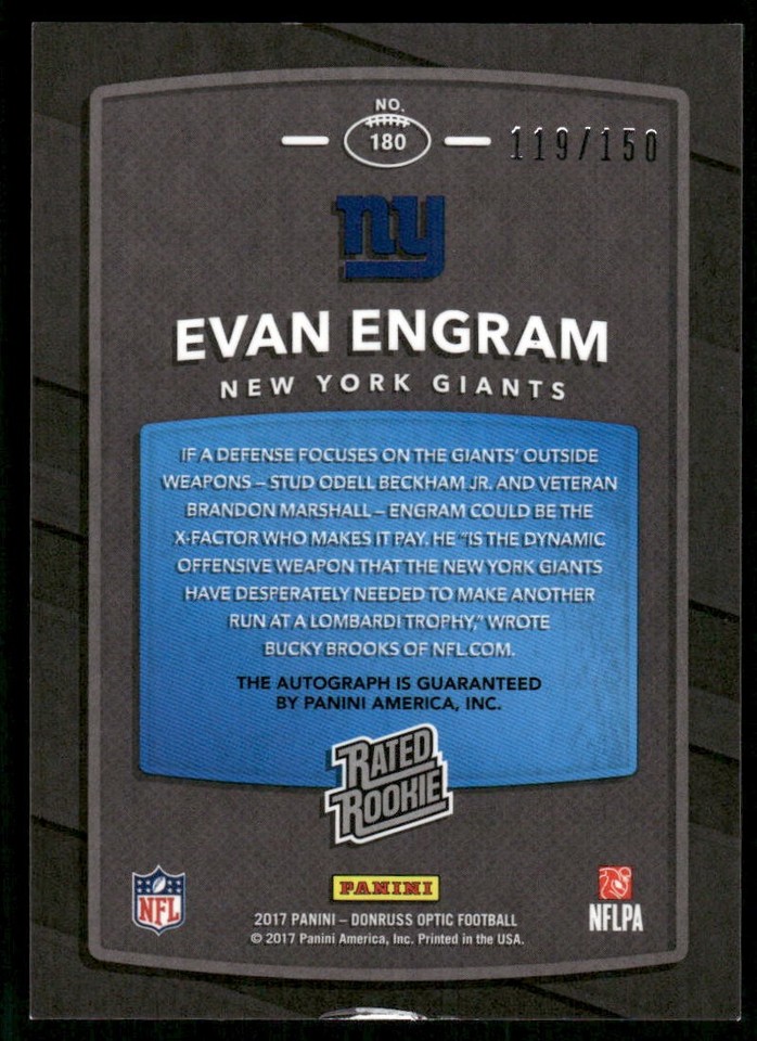2017 Donruss Optic #180 Evan Engram Rated Rookies Auto /150 Damaged | eBay