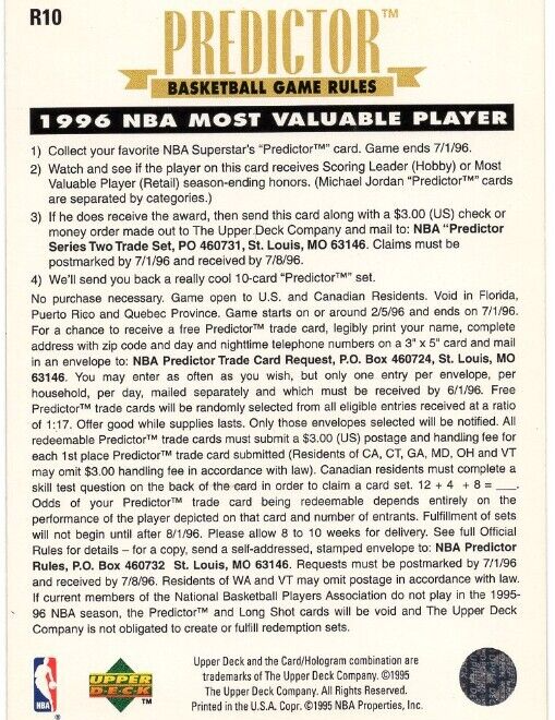 1995-96 Upper Deck Predictor Most Valuable Player #R10 Long Shot Card ...