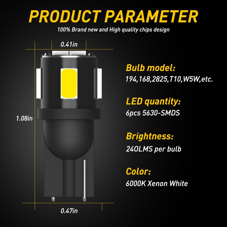 10X 12V T10 SMD Wedge LED Light Bulb Globe White 2825 168 194 192 W5W ...