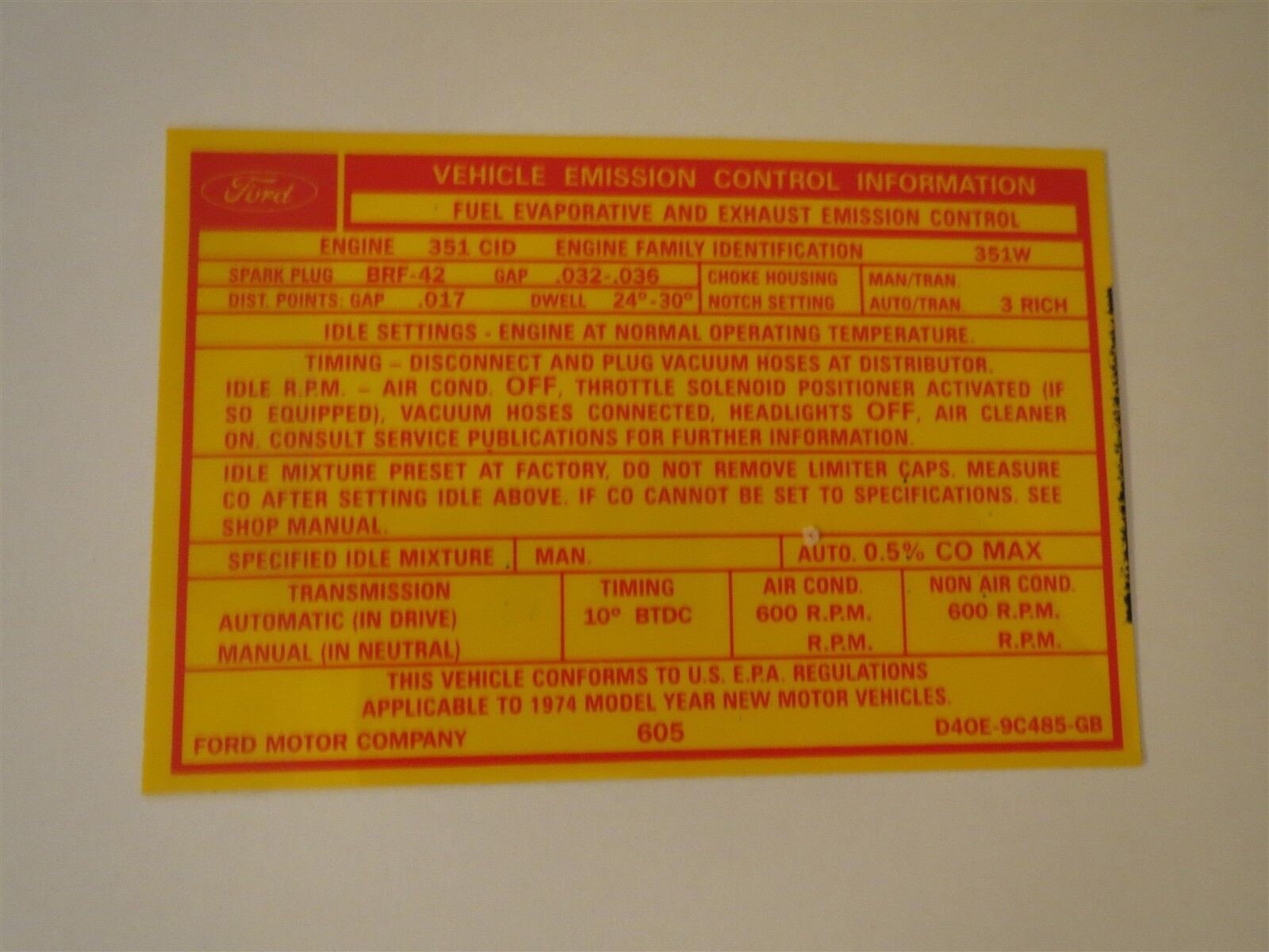 1974 MERCURY COUGAR 351W 2BBL ENGINE EMISSIONS DECAL STICKER NEW ...