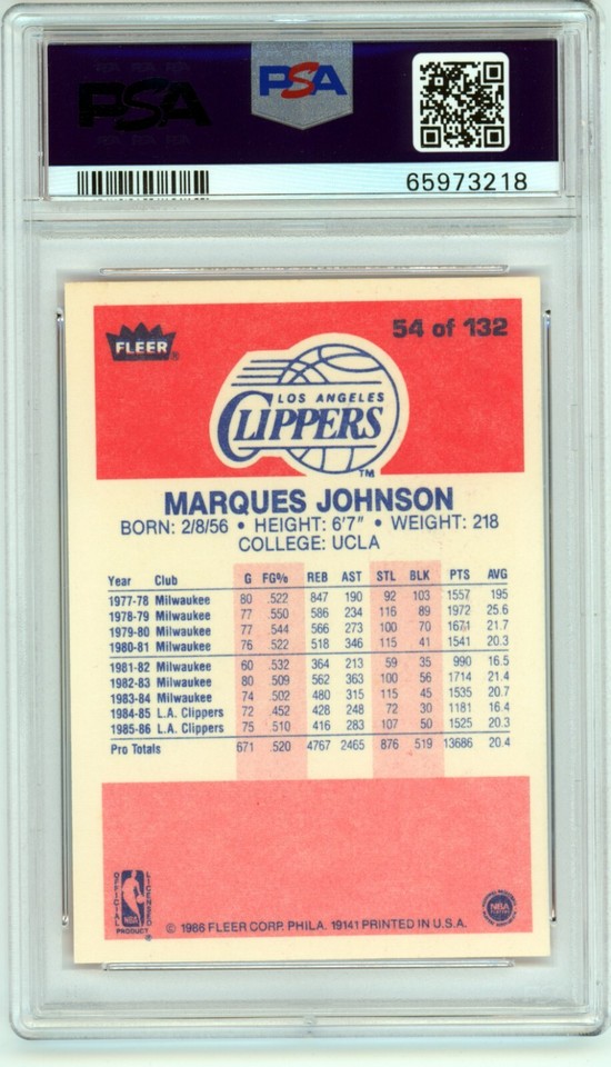 1986 Fleer #54 Marques Johnson PSA 9 Mint Centered Los Angeles Clippers ...