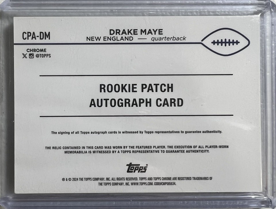 2024 Topps Chrome Rookie Patch Auto Drake Maye #CPA-DM Gold /50 SP SSP ...