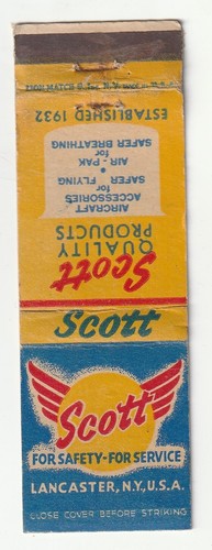 MATCHBOOK COVER - SCOTT AVIATION COMPANY - LANCASTER NW YORK - AIRPLANE ...
