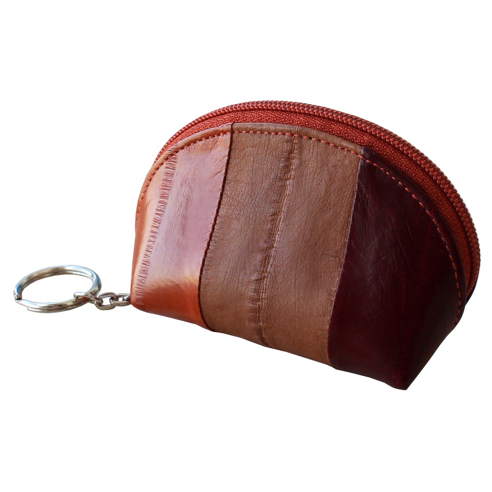 Genuine Eel Skin Leather Zippered Small Coin Purse with Key Ring Mini ...