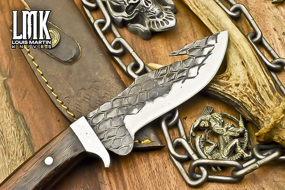 LMK Hand Crafted Skinner Knife w/Gut Hook 440C Steel Walnut Wood Steel ...
