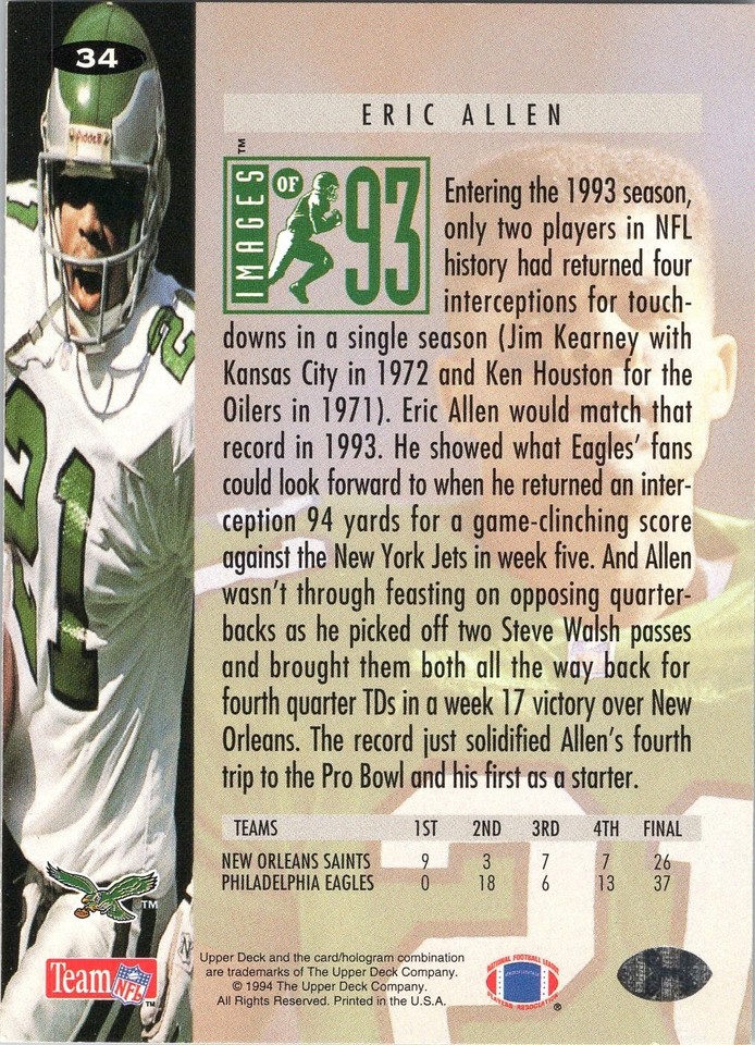 Eric Allen Signed 1994 Collector's Choice Philadelphia Eagles #34 ...