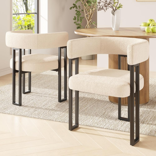 Set of 2 Beige Dining Chairs with Curved Backrest Metal Frame for ...