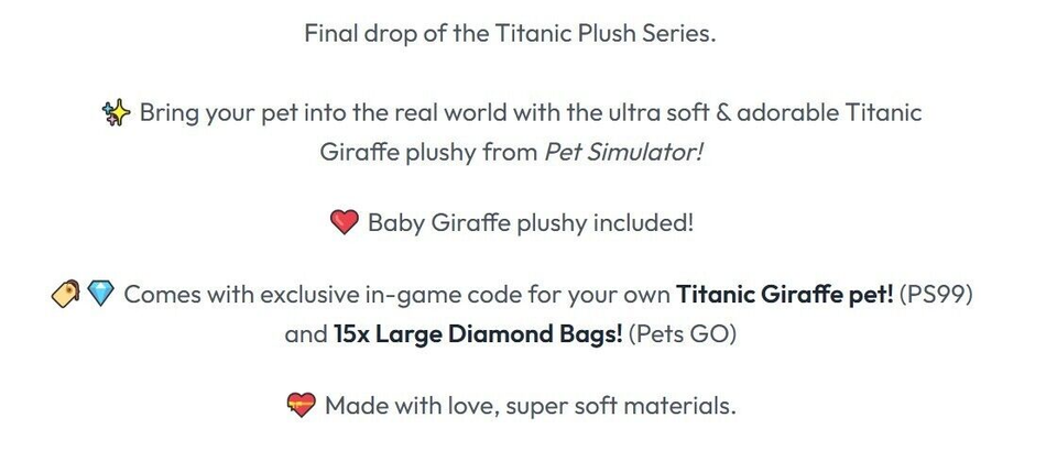Pet Simulator PS99 TITANIC Giraffe Plush With DLC Code Pet Sim In Hand ...