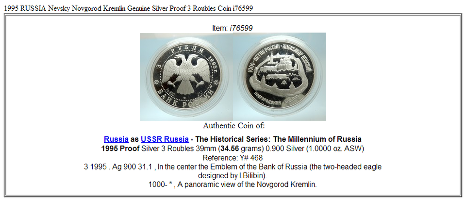 1995 RUSSIA Nevsky Novgorod Kremlin Genuine Silver Proof 3 Roubles Coin ...