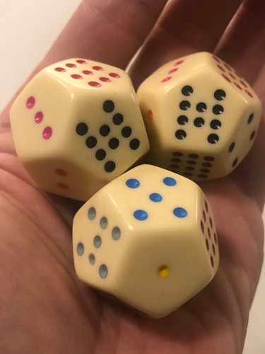 Vintage celluloid tone rpg d&d d12 colored dot pips dice trio lot ...