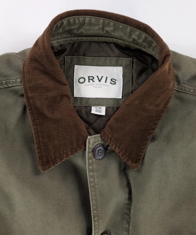 Orvis Chore Coat Barn Jacket Corduroy Collar Olive Green Button Up Mens ...