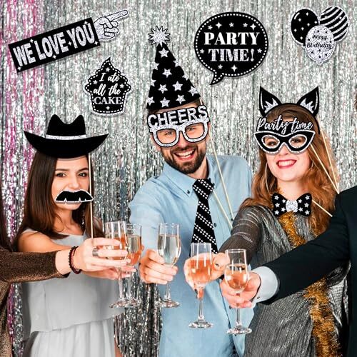 30 Pcs Birthday Photo Booth Props Black, Silver Birthday Photo Booth ...