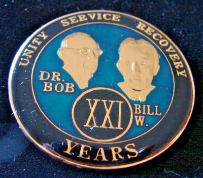 Alcoholics Anonymous 21 Year AA Blue Medallion Black Bill Bob Coin Chip ...