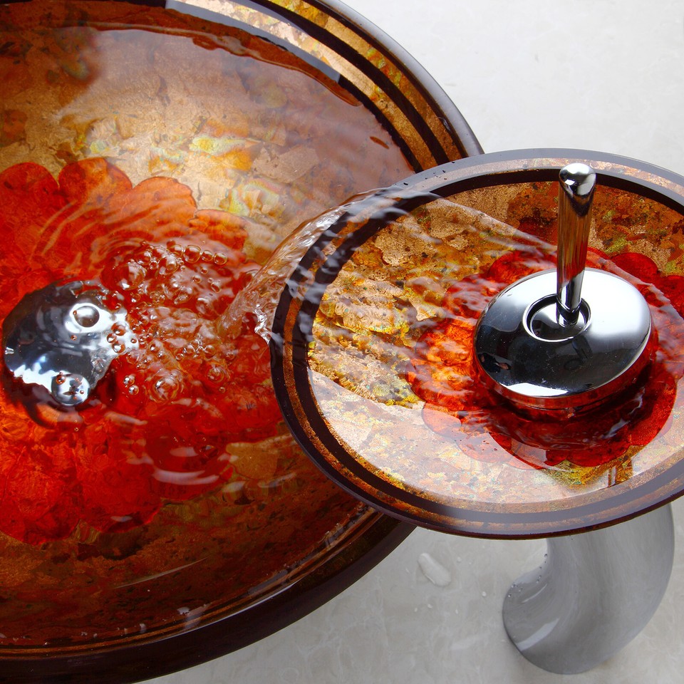 Bathroom Hand Painting Wash Red Tempered Glass Basin Sink Tap Set W ...
