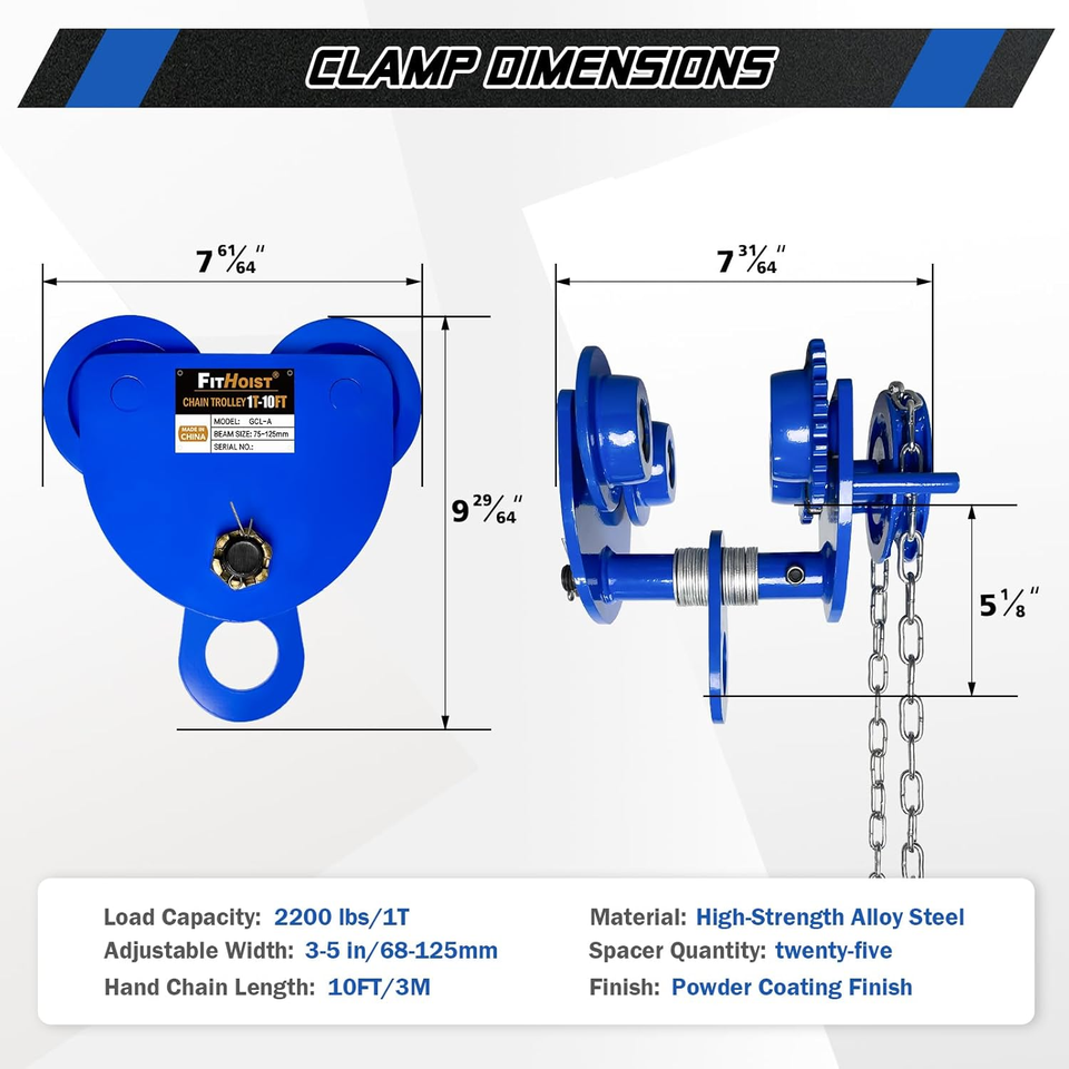 Manual Chain Trolley 1 Ton, 2200LBS Capacity Adjustable Gantry Crane ...