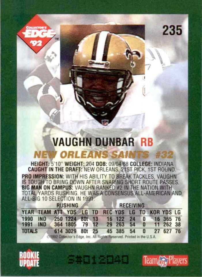 1992 Collectors Edge Vaughn Dunbar RC New Orleans Saints #235 | eBay