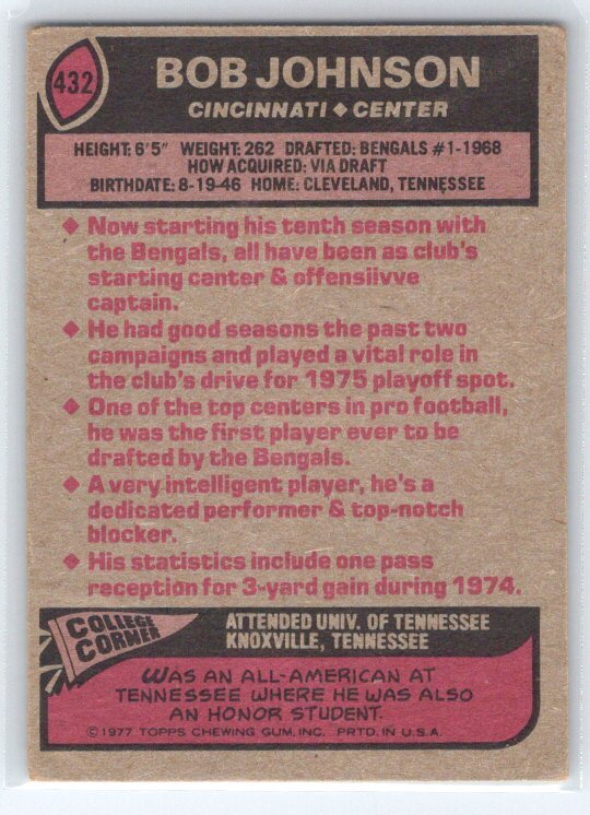 1977 Topps Bob Johnson #432 Cincinnati Bengals | eBay