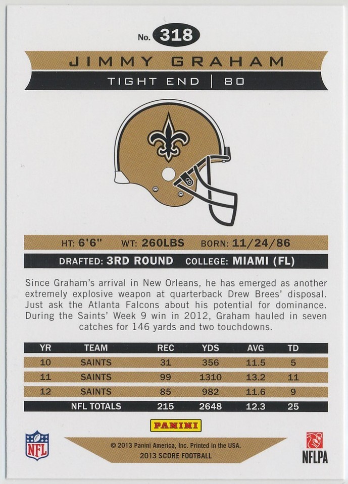 2013 Panini Score Football Jimmy Graham Future Franchise #318 New ...