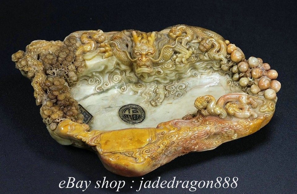 16" Old Chinese Shoushan Stone Carving Dragon Beast Statue Writing ...